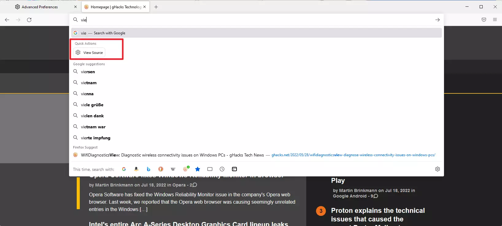 Mozilla está probando Quick Actions na barra de enderezos de Firefox