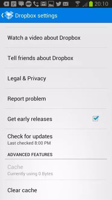 dropbox peningkatan versi eksperimental android
