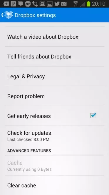 dropbox android majaribio ya kujenga-upgrade