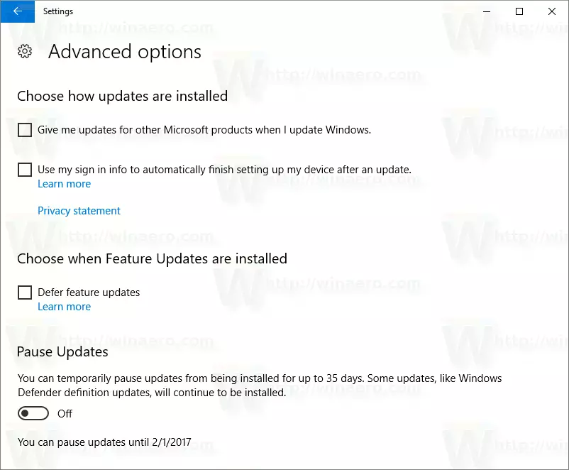 Windows Update'i täpsemate valikute leht 14997