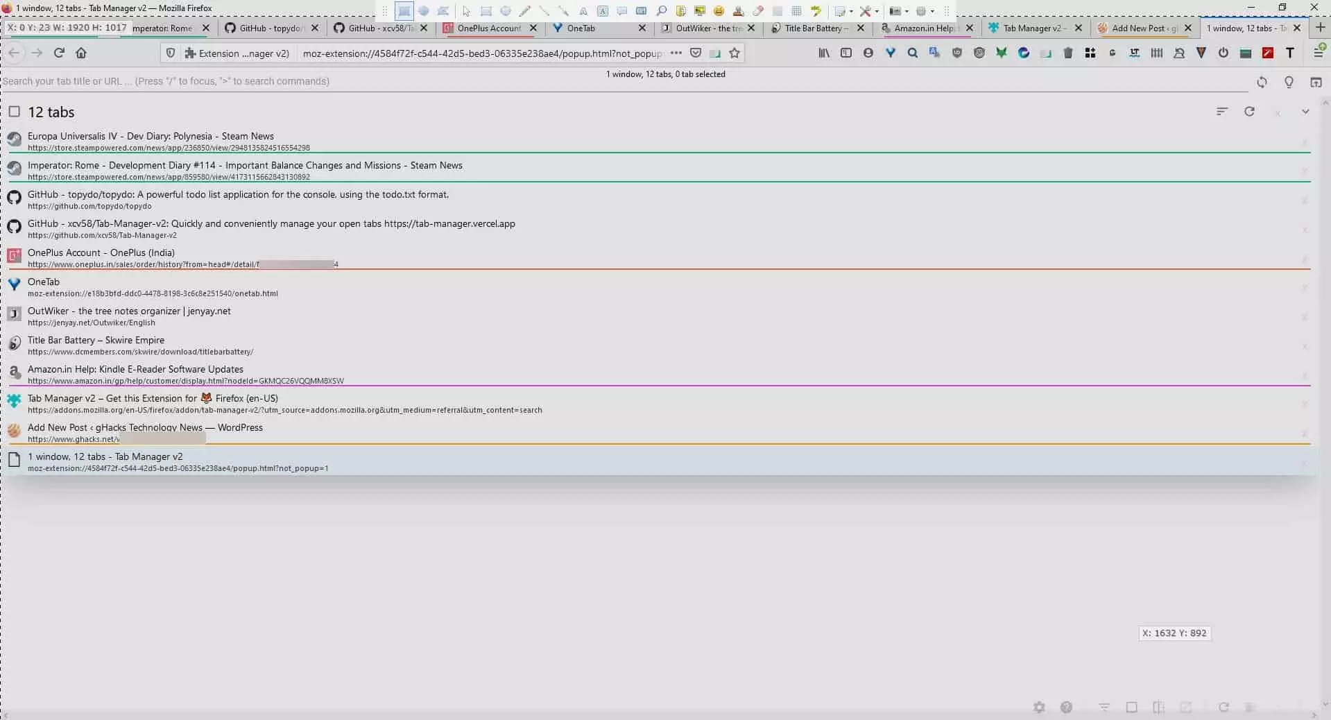 Лёгка шукайце і кіруйце ўкладкамі ў некалькіх вокнах з дапамогай Tab Manager V2 для Firefox і Chrome
