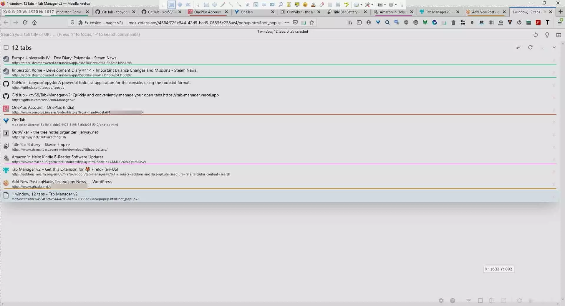 Firefox болон Chrome-д зориулсан Tab Manager V2-г ашиглан олон цонхноос табуудыг хялбархан хайж, удирдах боломжтой