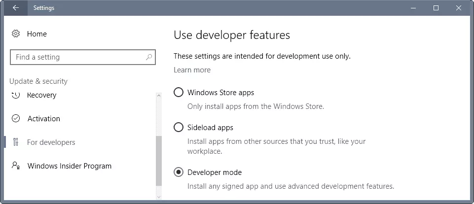 windows 10 developer မုဒ်