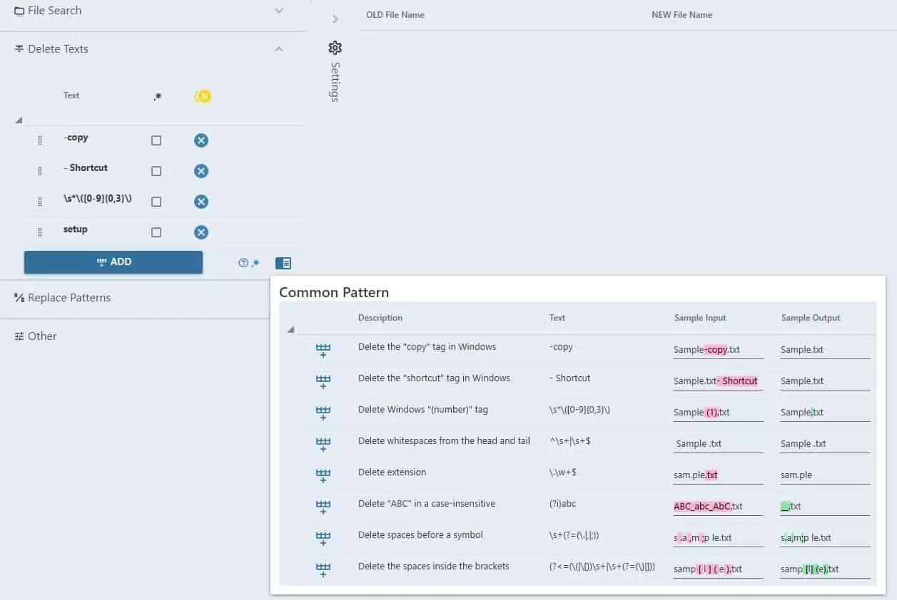 File Renamer Diff - dileu patrymau testunau