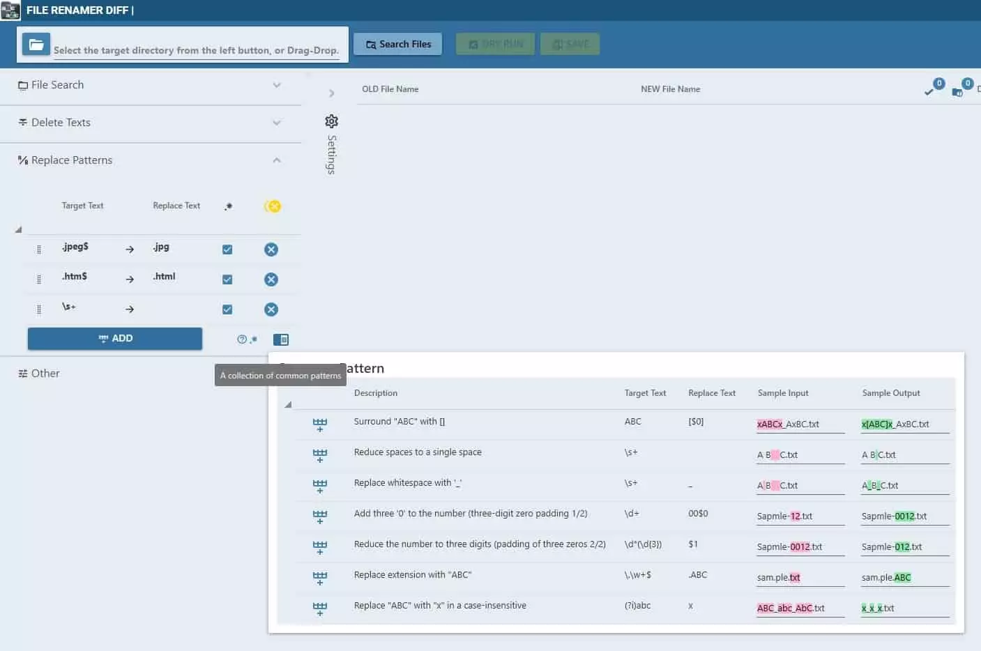 File Renamer Diff - прыклады шаблонаў замены
