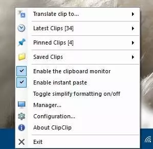 ClipClip სისტემის უჯრის მენიუ