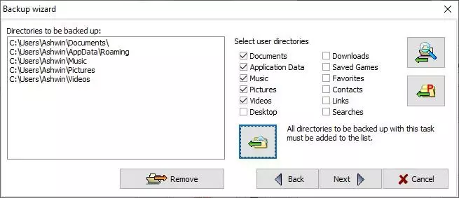 Gawe serep pribadi milih folder lan file