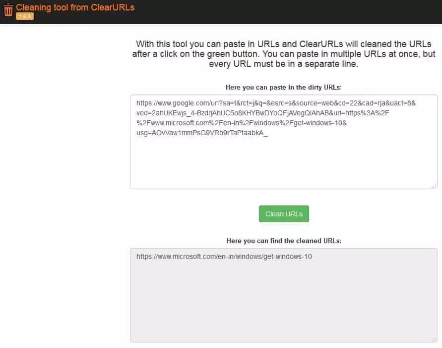 ClearURL ಗಳನ್ನು ಸ್ವಚ್ಛಗೊಳಿಸುವ ಸಾಧನ