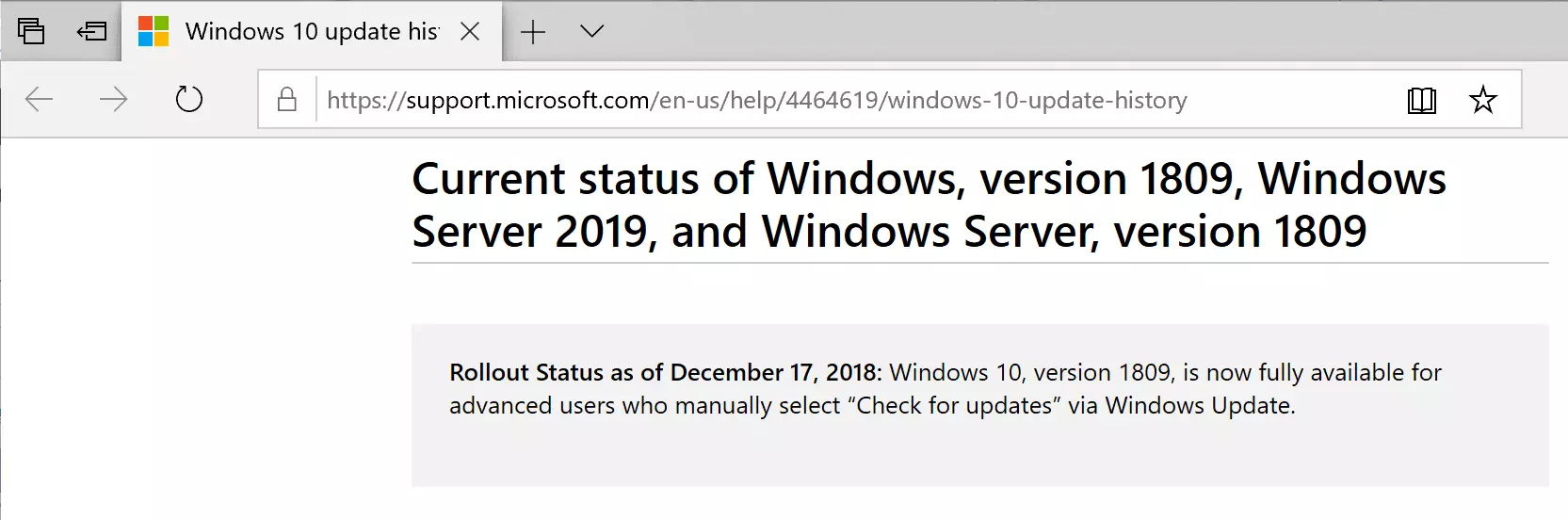 Windows 10 versie 1809 uitrol