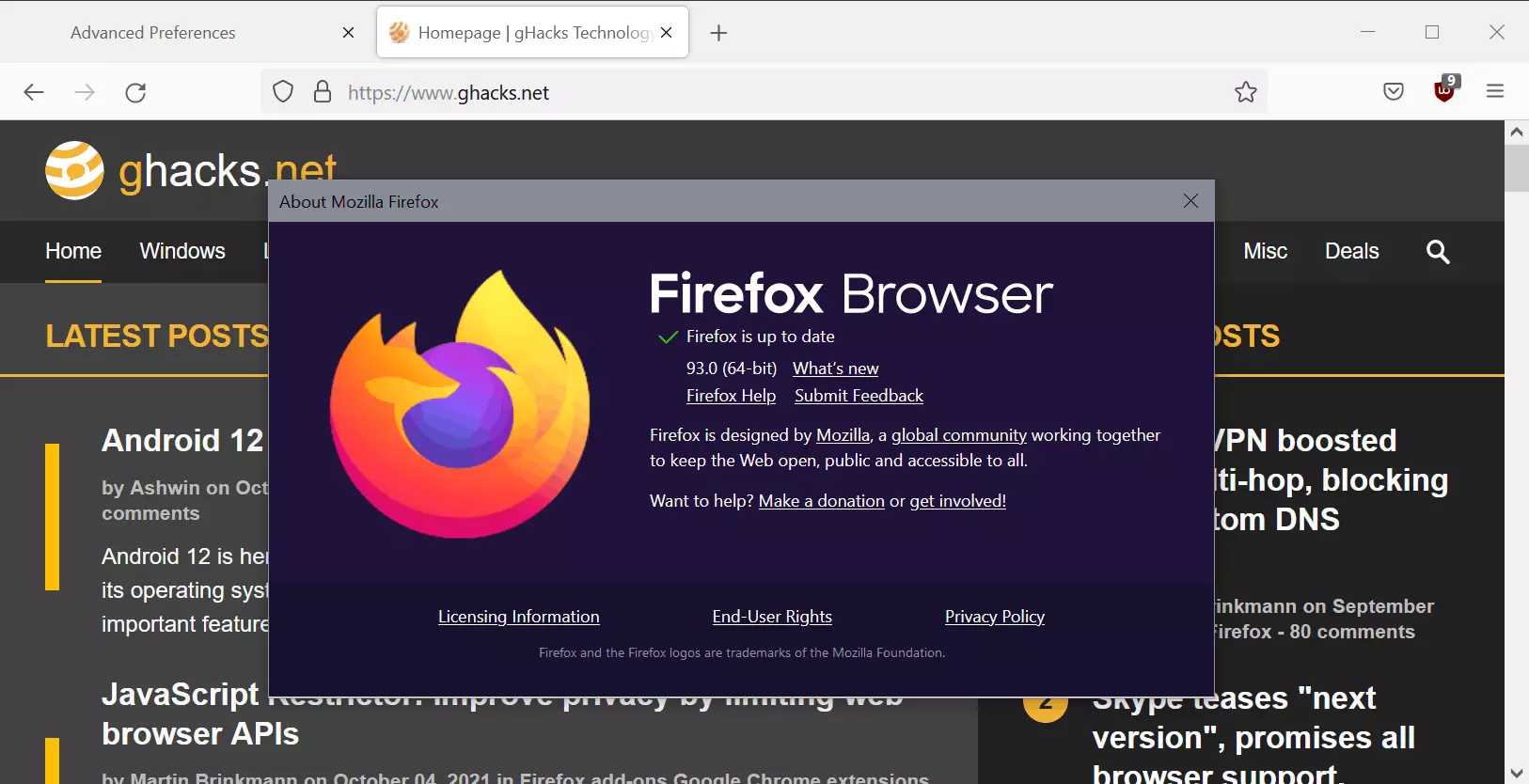 mozilla Firefox 93.0 ブラウザ