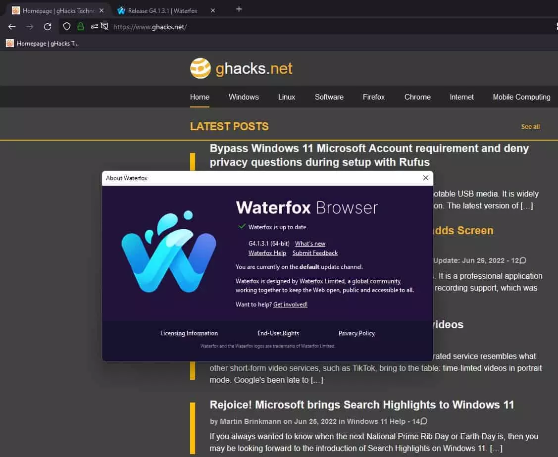 Waterfox G5 izaba ishingiye kuri Firefox ESR 102; abakoresha bazazamurwa kuva G4 mu buryo bwikora