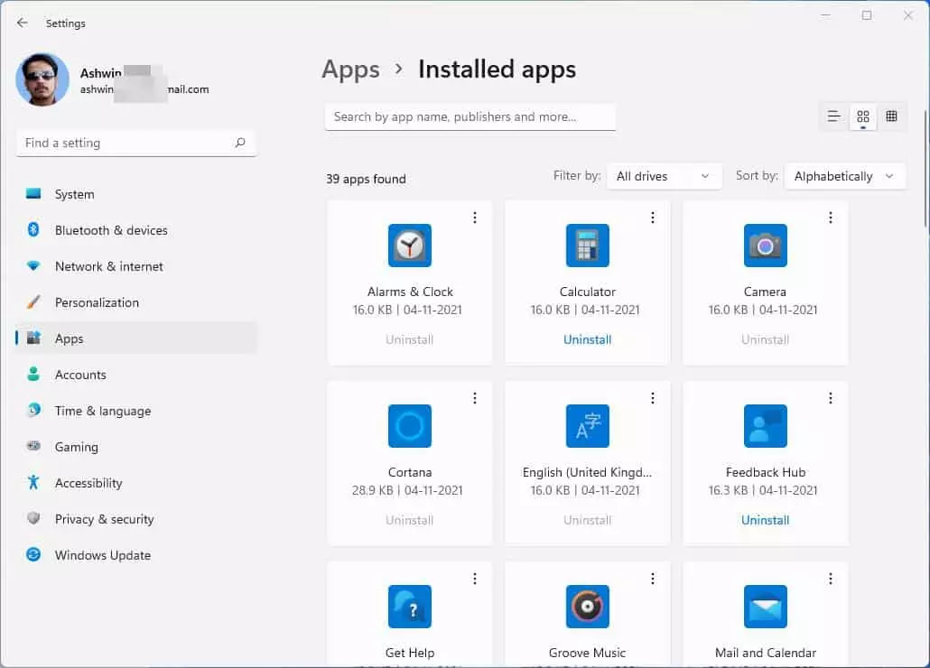 Windows 11 installerade appar rutnätsvy