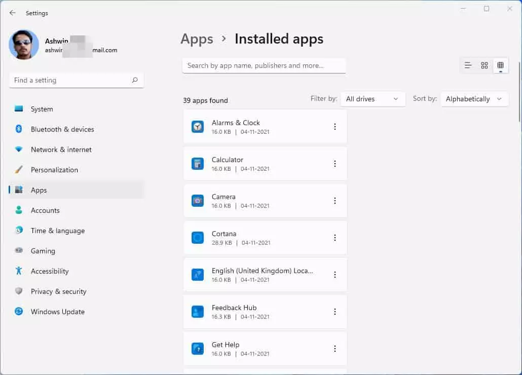 Windows 11 installerede apps lille gittervisning