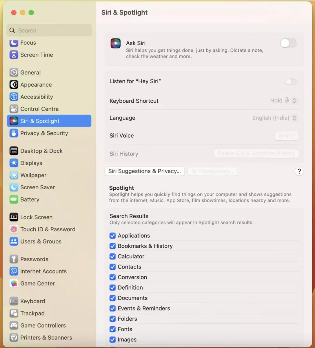 macOS Ventura System Settings - Siri sy Spotlight