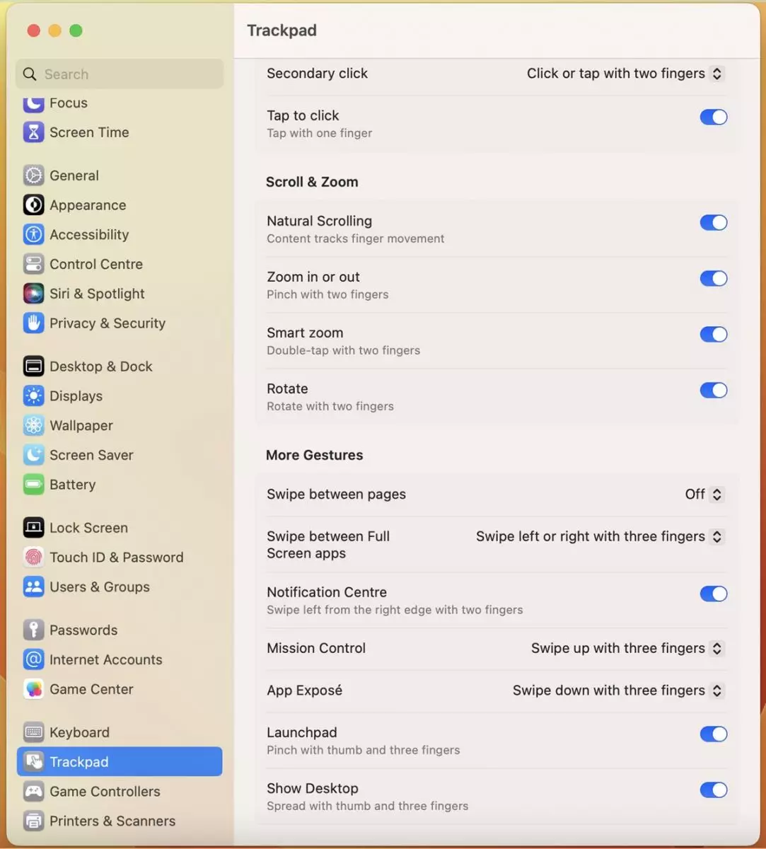 Aplikacioni macos Venture Settings - Gjestet e tastierës së gjurmës