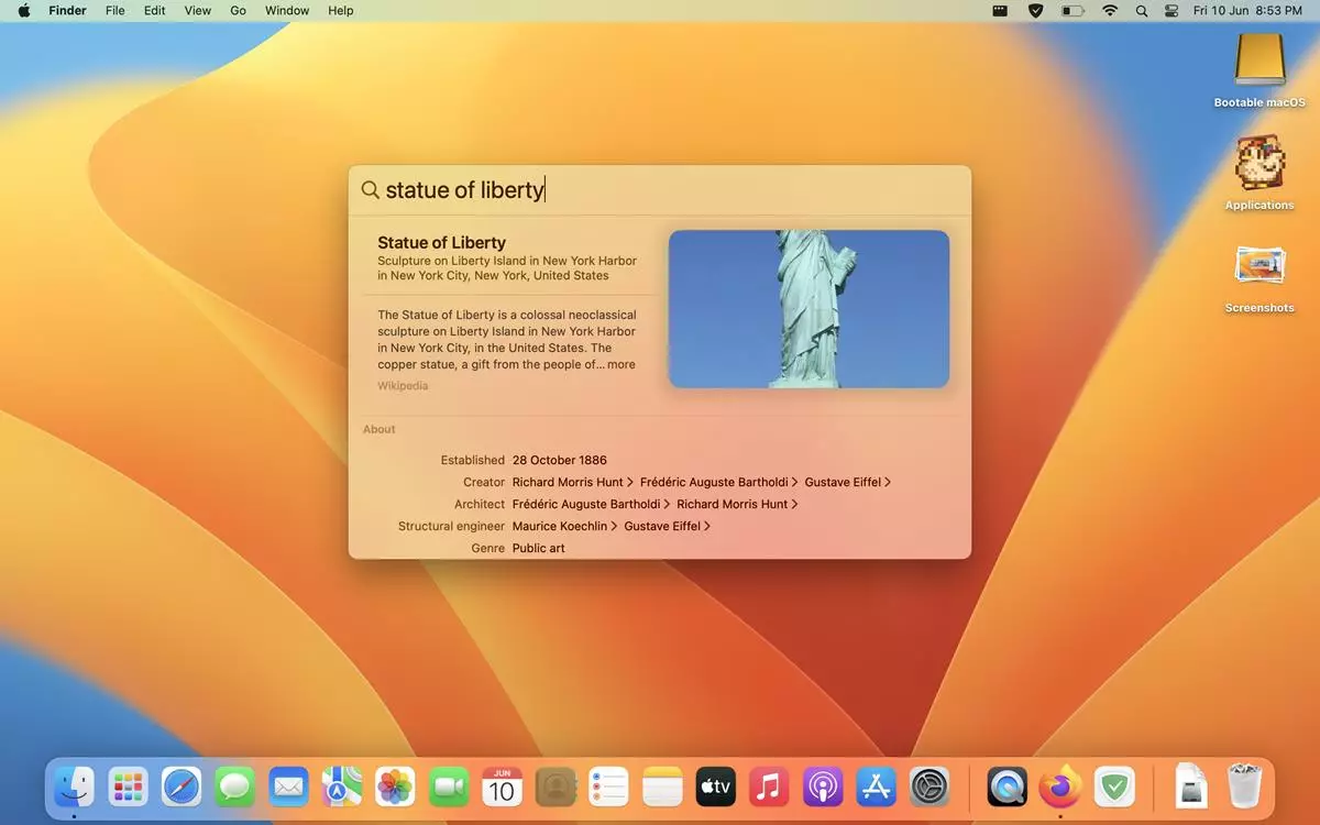 macOS Ventura spotlight ryk resultaatynformaasje