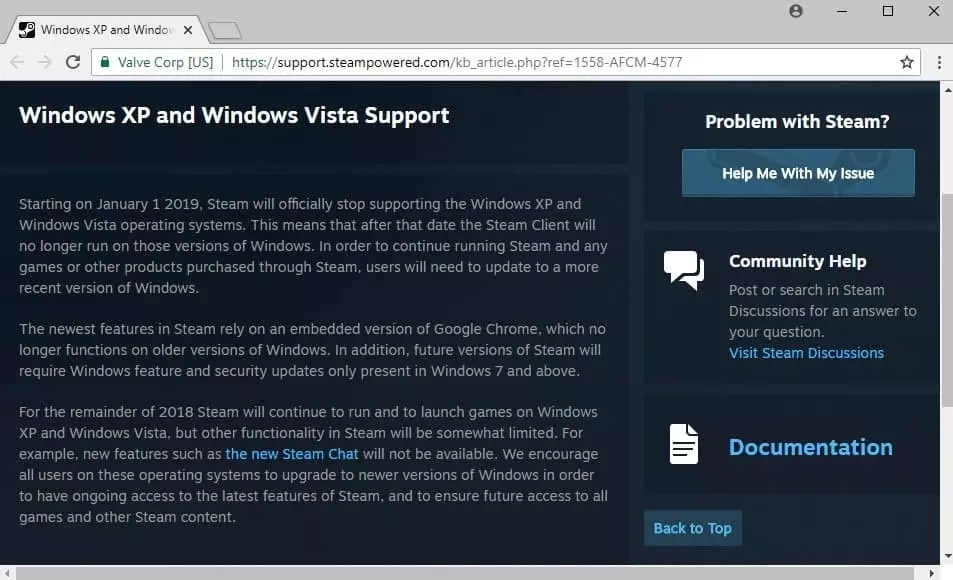 Steam Windows XP Vista End supporto