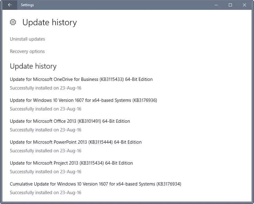 Historial actual de actualizaciones de windows 10