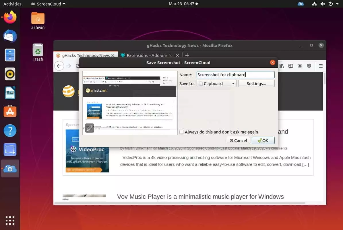 ScreenCloud պատուհանի նկարահանում Linux