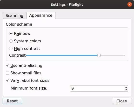 Filelight Linux nustatymai