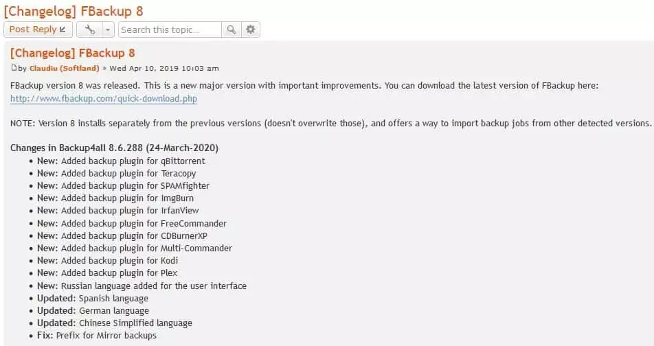 Ŝanĝprotokolo de FBackup 8.6.288