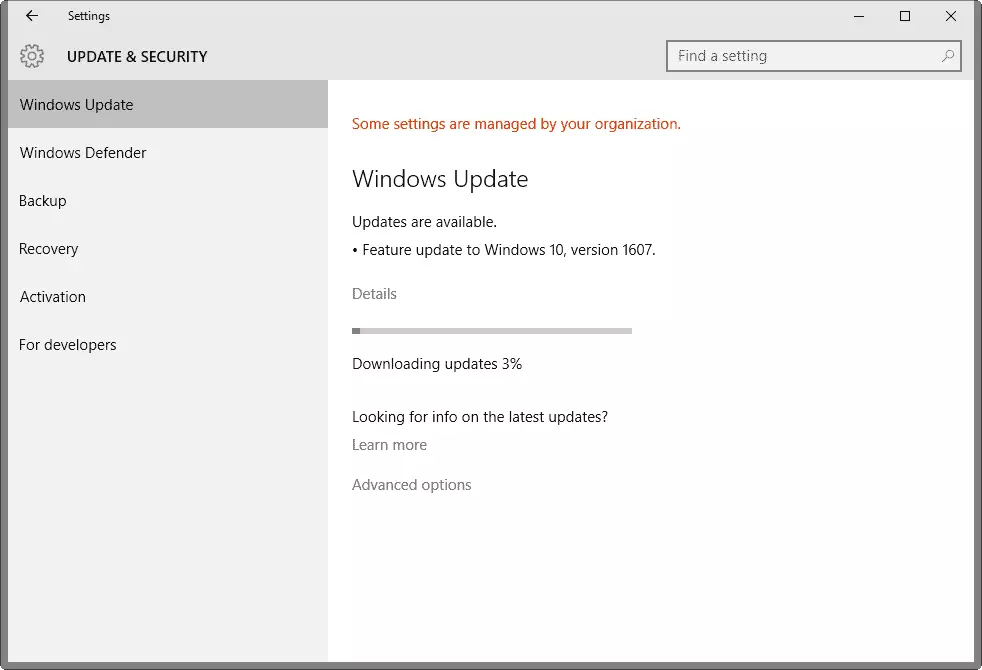 aggiornamento delle funzionalità a Windows 10 versione 1607