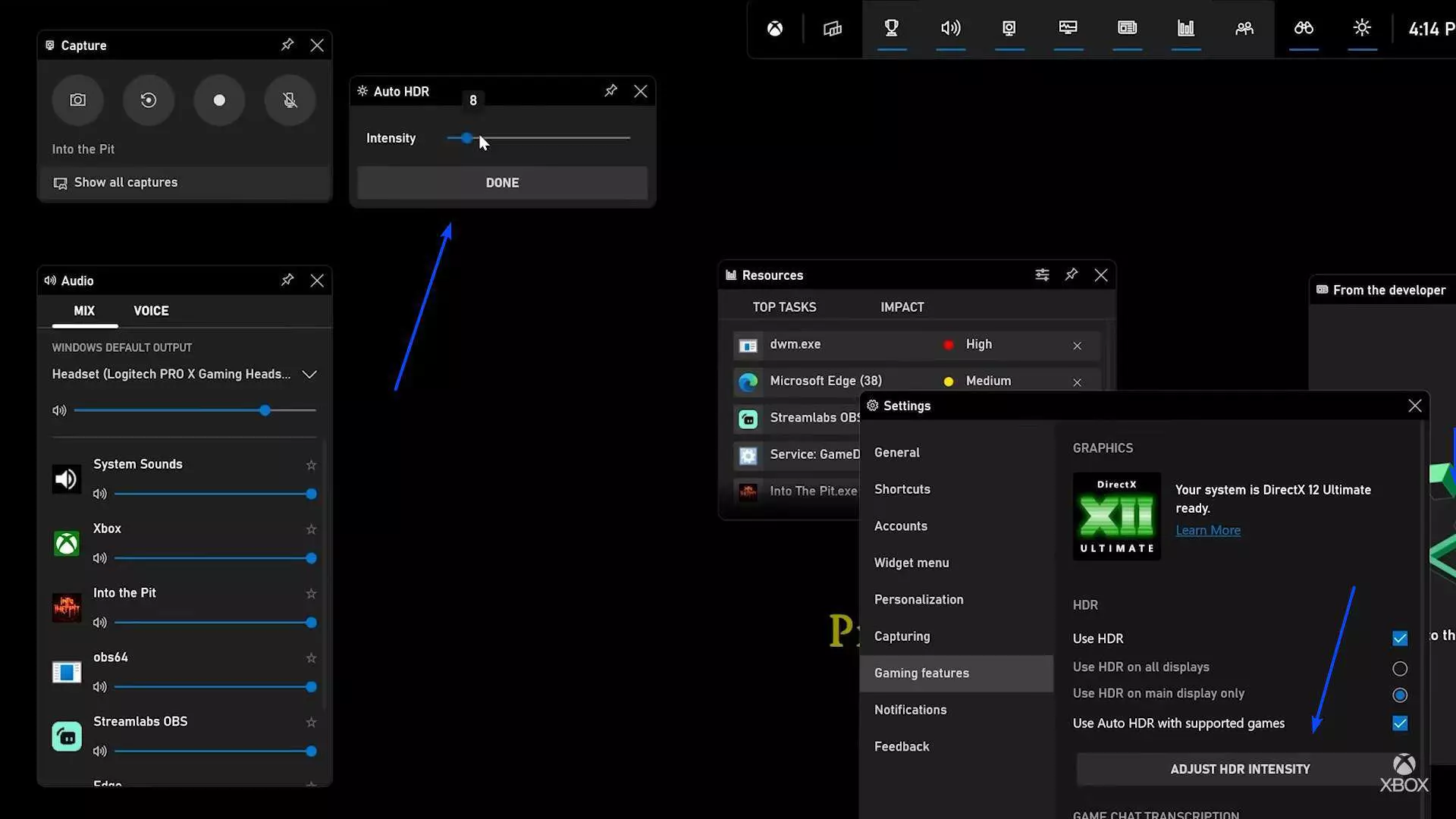 Bar permainan Xbox melaraskan tahap hdr automatik