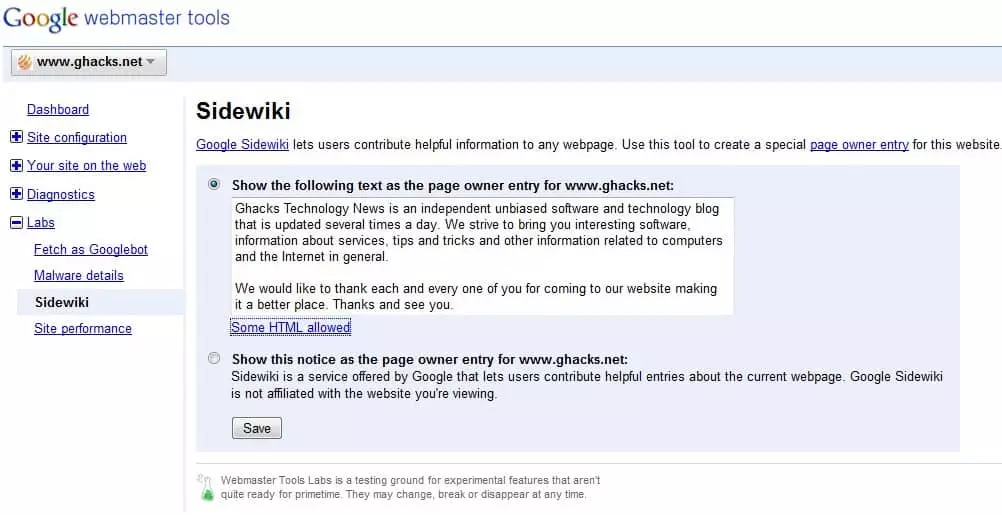 Google Sidewiki પૃષ્ઠ માલિકની એન્ટ્રીઓ 21297_1