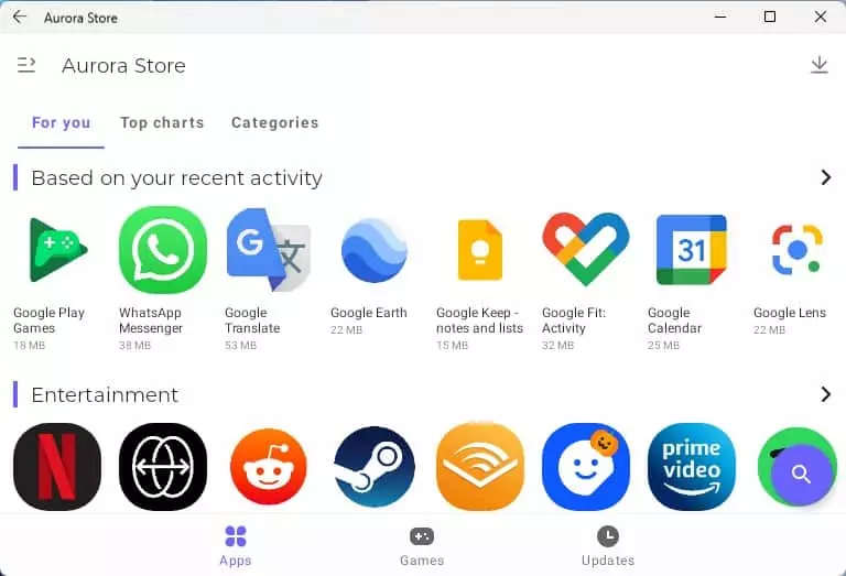 Aurora Mağazası Android uygulamaları