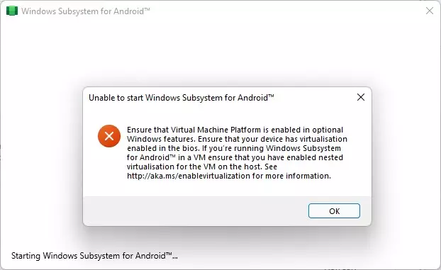 Ayikwazi ukuqalisa I-Windows Subsystem yephutha le-Android
