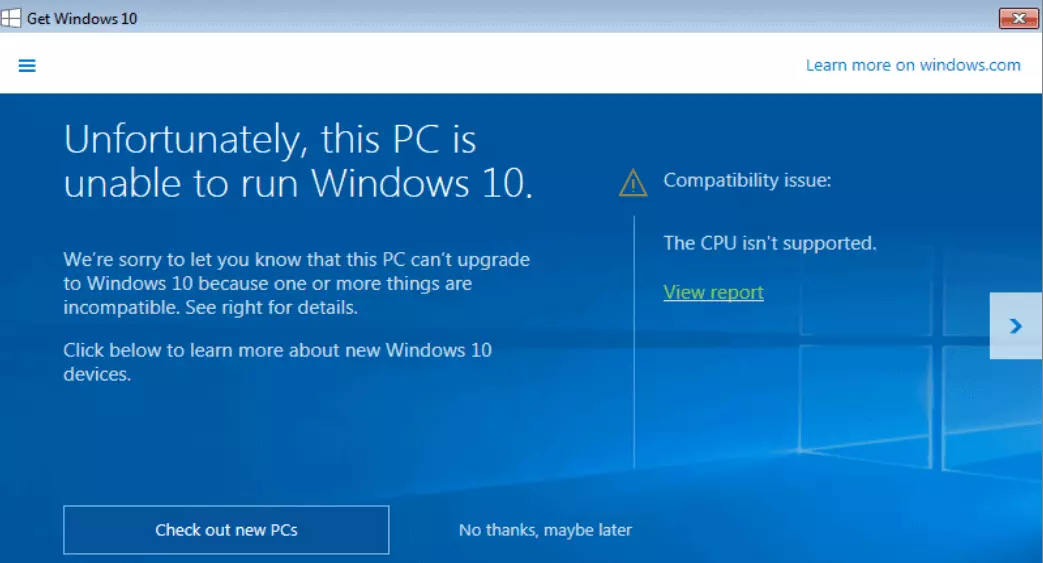 Windows 10 אינו תואם