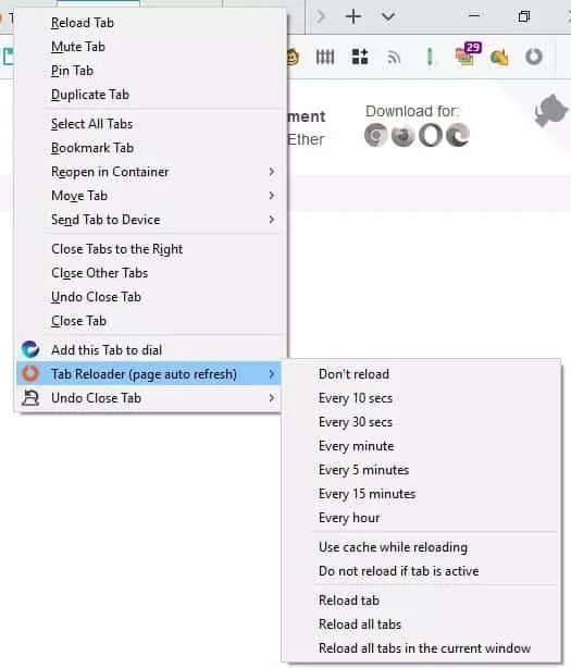 Tab Reloader -välilehtipalkki napsauta hiiren kakkospainikkeella valikkoa