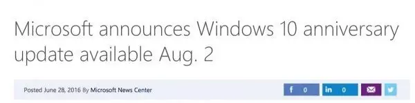 mise à jour anniversaire de windows10 le 2 août