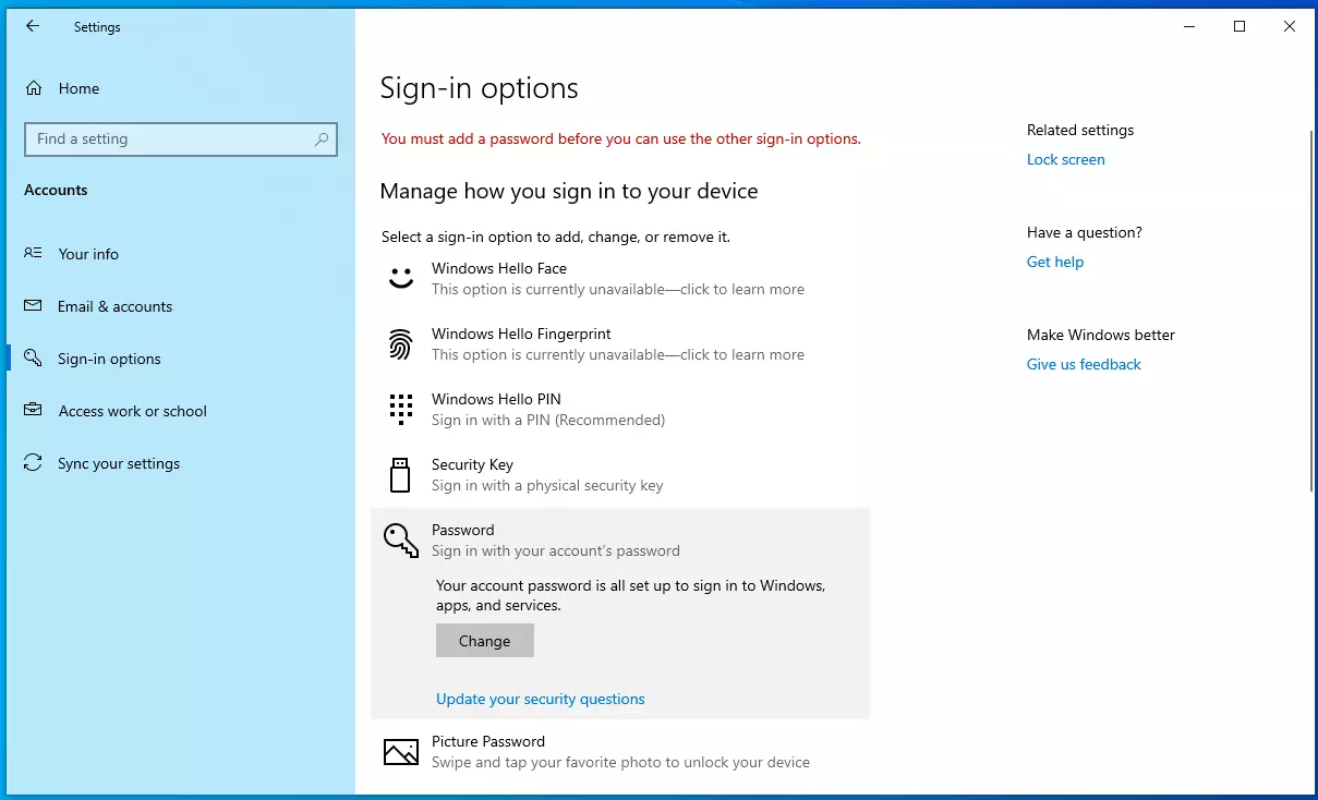 Windows 10 ajoute des questions de sécurité