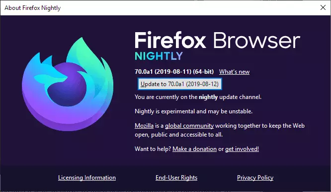 „Firefox“ naršyklės naktinis pavadinimas