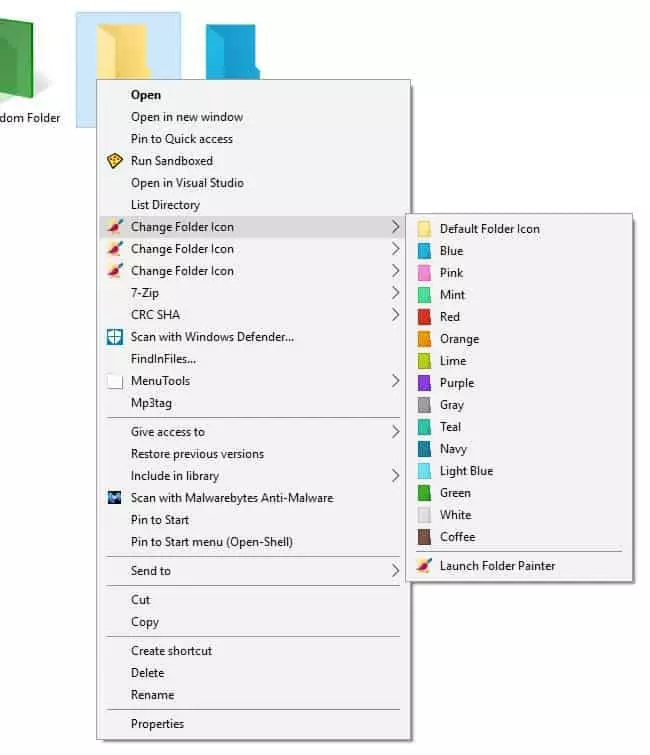 Folder Painter testuinguru-menuaren izenak