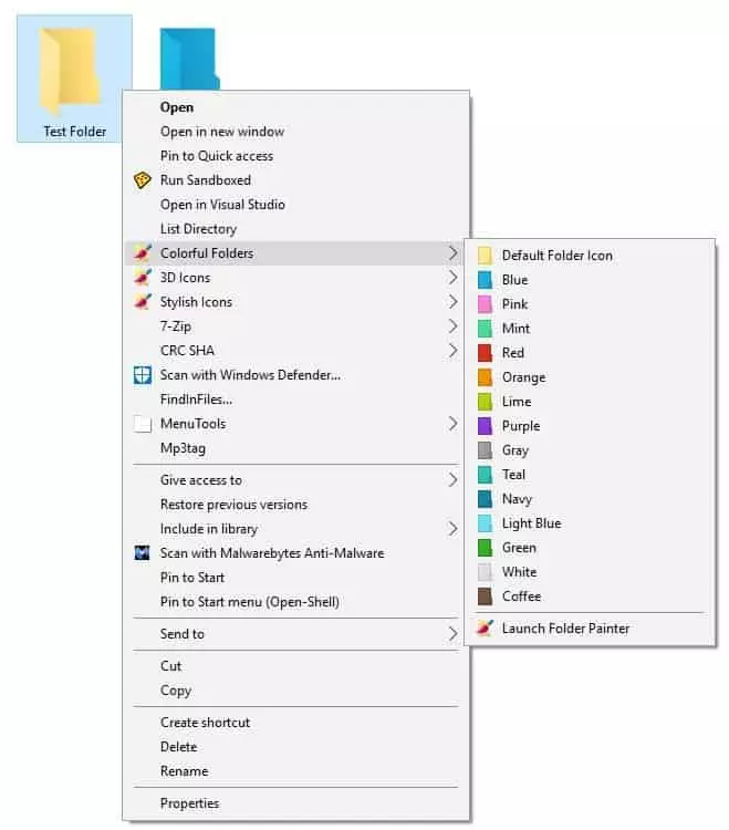 Menu konteks Pelukis Folder dinamakan semula