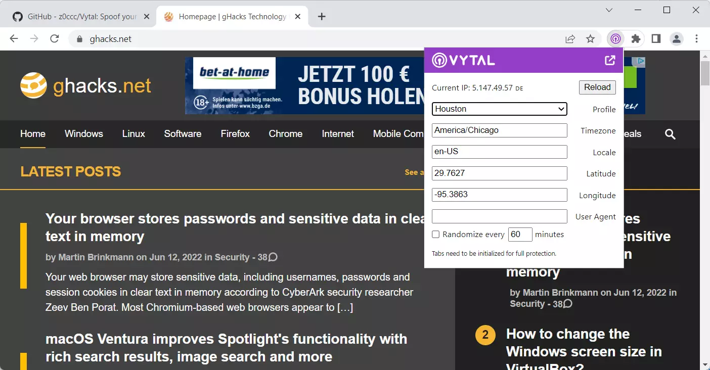 Vytal: extensão do navegador para falsificar sua localização e agente do usuário