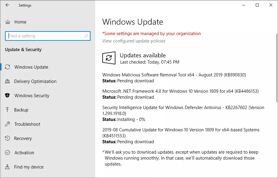 تحديثات أمان Microsoft windows ، أغسطس 2019