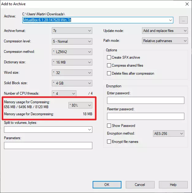 Panggunaan memori 7-zip