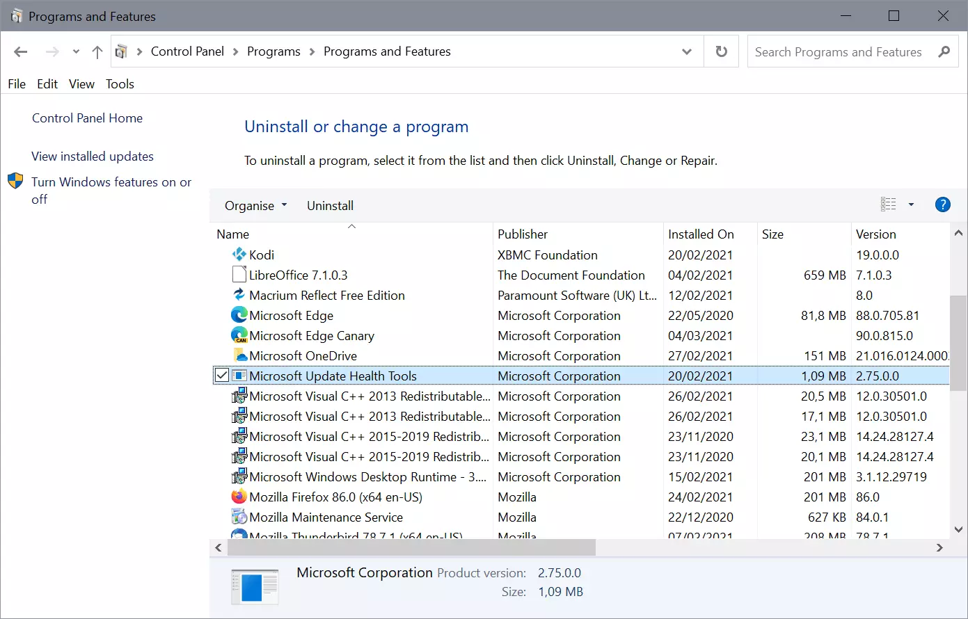 microsoft-update-health-tools-control panel