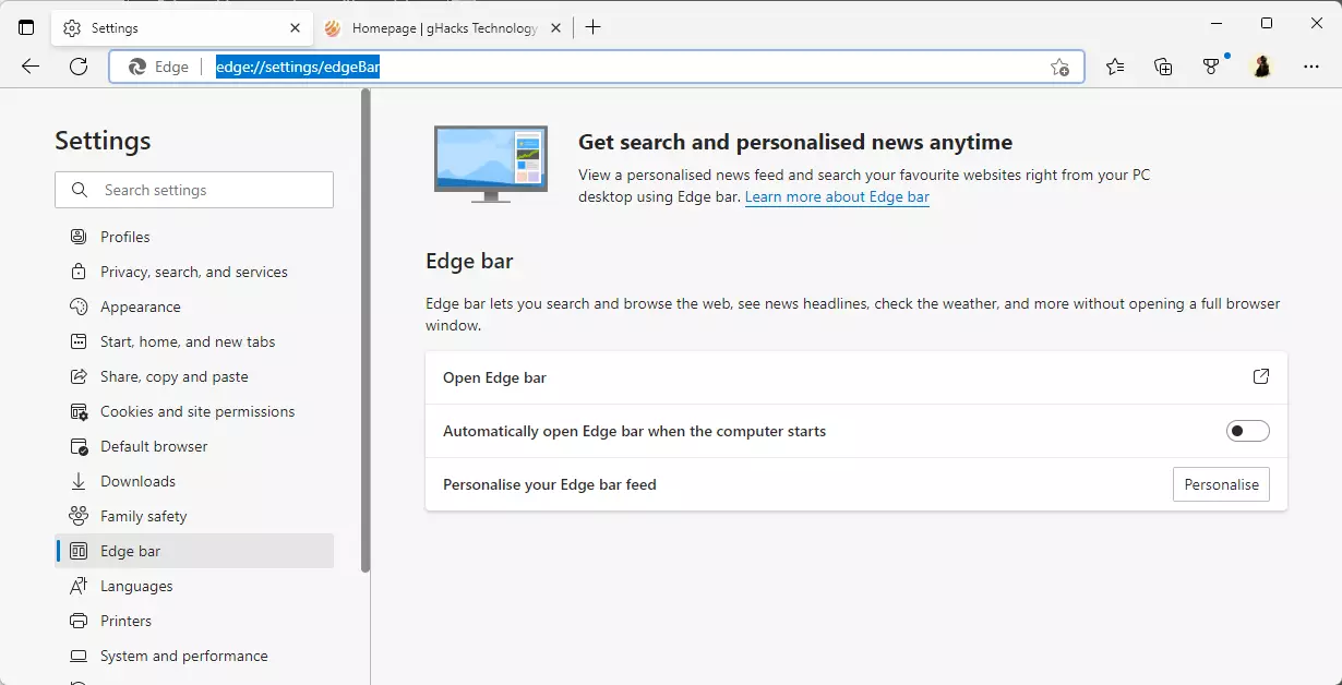 Az Edge Bar keresőmező eltávolítása Windows asztali számítógépeken