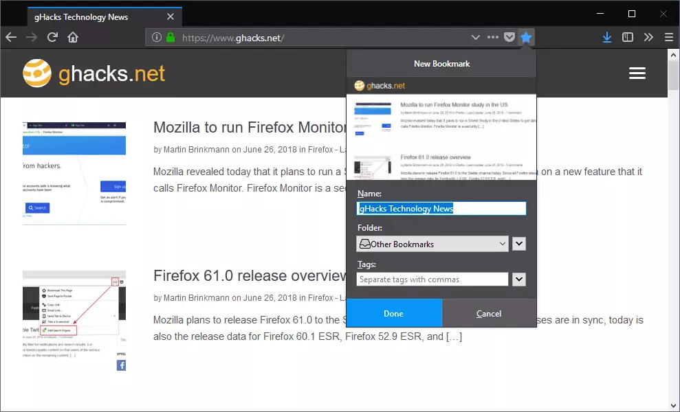 Firefox нов дијалог за обележувачи