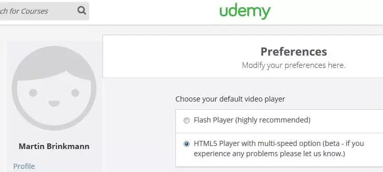 udemy lettore video predefinito