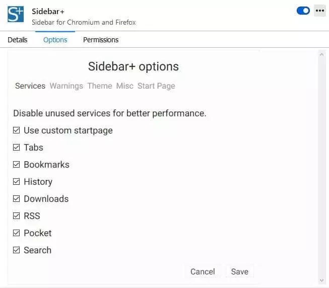 Sidebar+ opsies