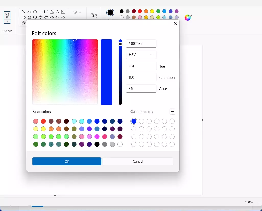 Aplikácia Microsoft Paint HSV