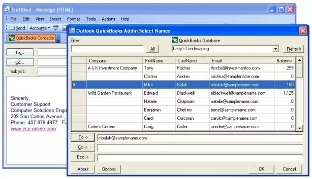 Microsoft Outlook Quickbooks დანამატი