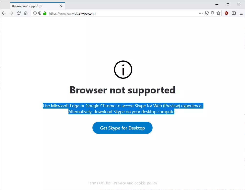 Skype w przeglądarce nie obsługuje przeglądarki Firefox
