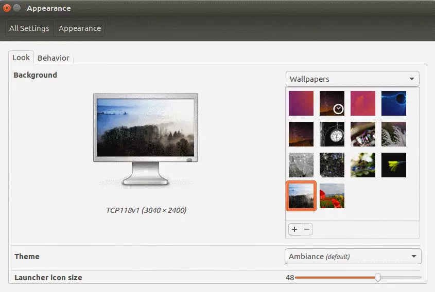 Menu dell'aspetto di Ubuntu Unity