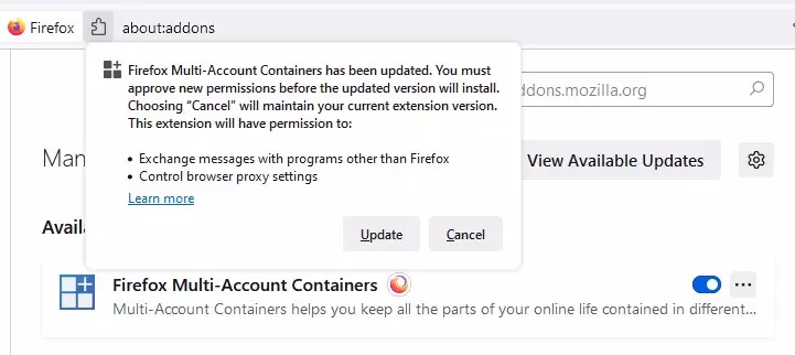 Firefox Containers со повеќе сметки бара дозволи за размена на пораки со други програми